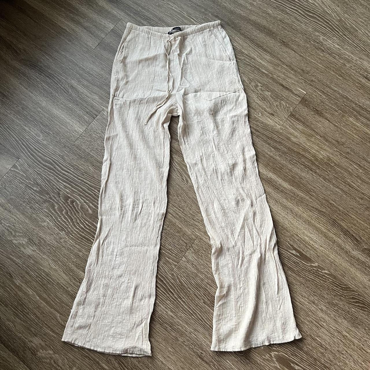 medium cream linen pants from Zara Drawstring, low... - Depop