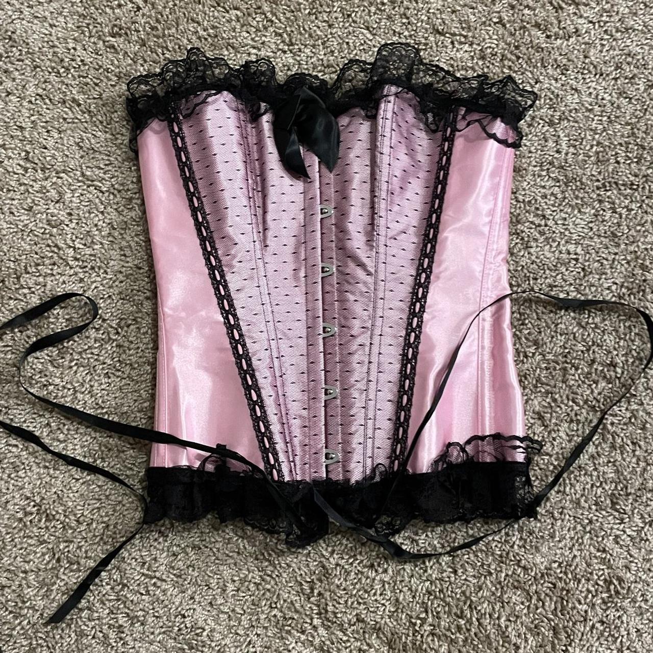 Baby pink lace up ribbon tie corset with black lace... - Depop