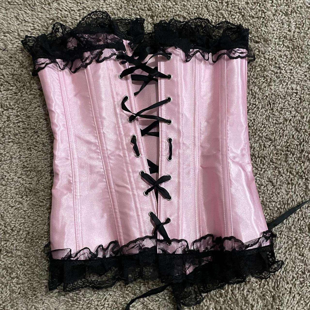 Baby pink lace up ribbon tie corset with black lace... - Depop
