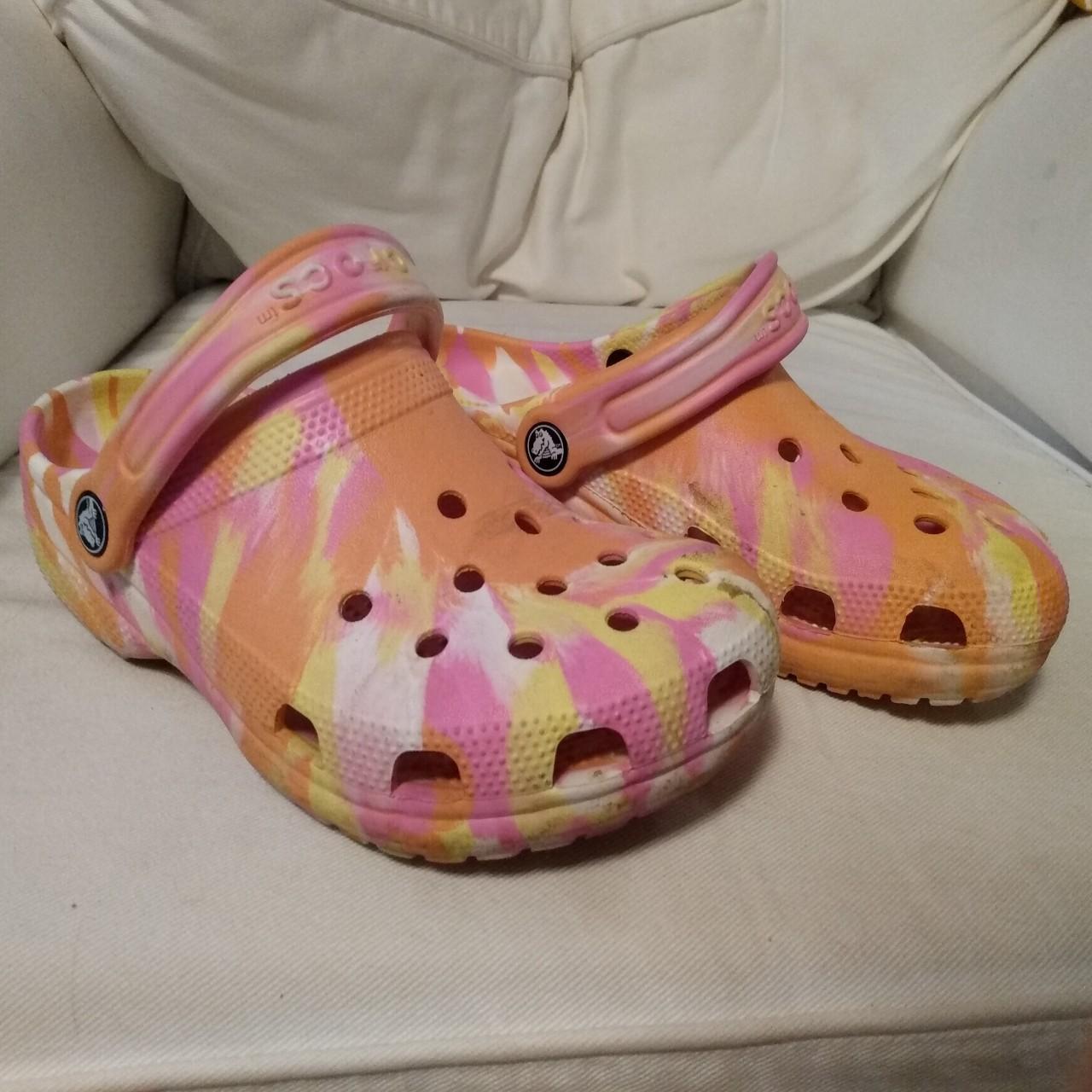 tie-dye crocs in pink, orange, and yellow. size 8... - Depop