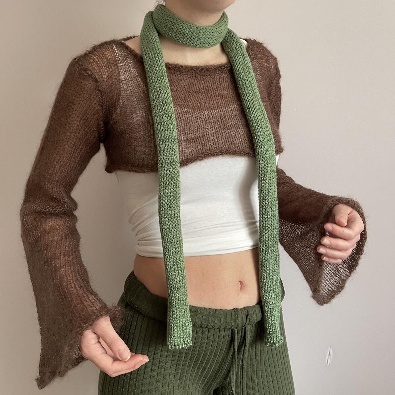 y2k skinny scarf Sage green knitted scarf HANDMADE... | Depop