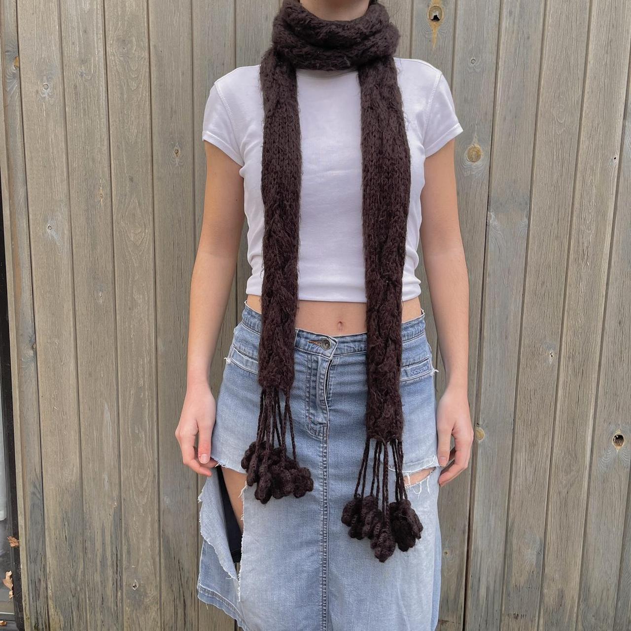 Brown y2k knitted skinny scarf with flower tassels... - Depop