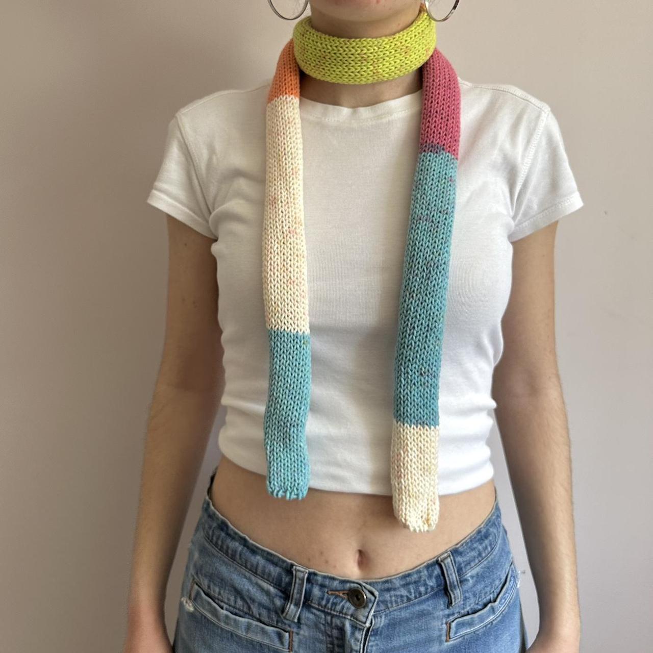 y2k skinny scarf - knit scarf colour block blue,... - Depop