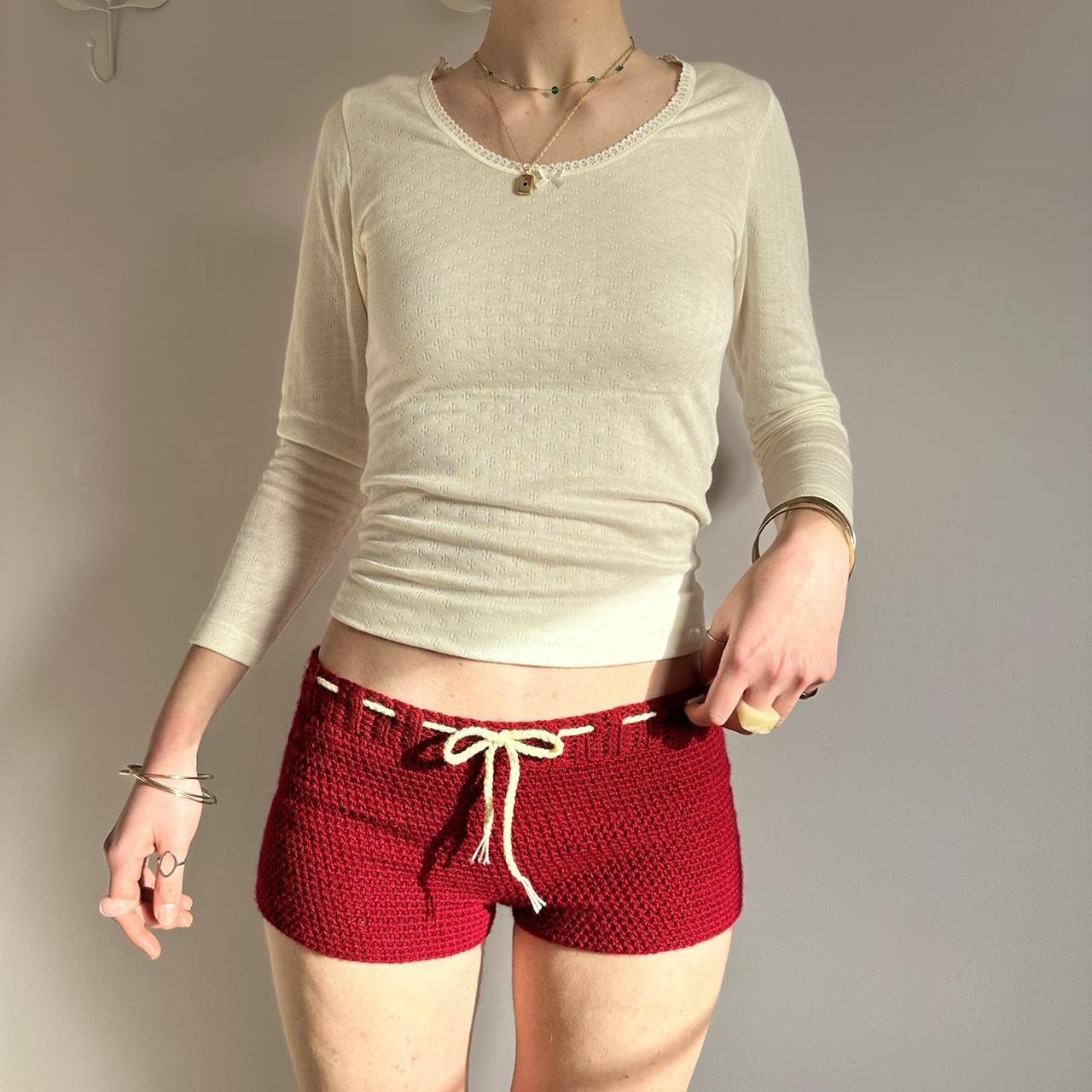 Handmade crochet shorts Dark red shorts with cream... - Depop