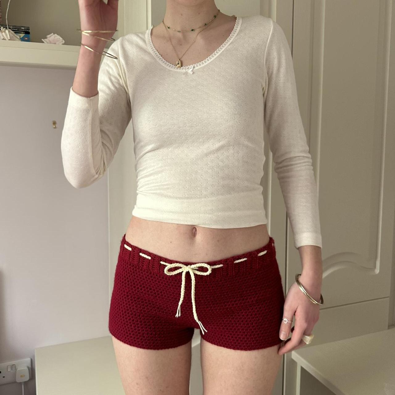 Handmade crochet shorts Dark red shorts with cream... - Depop