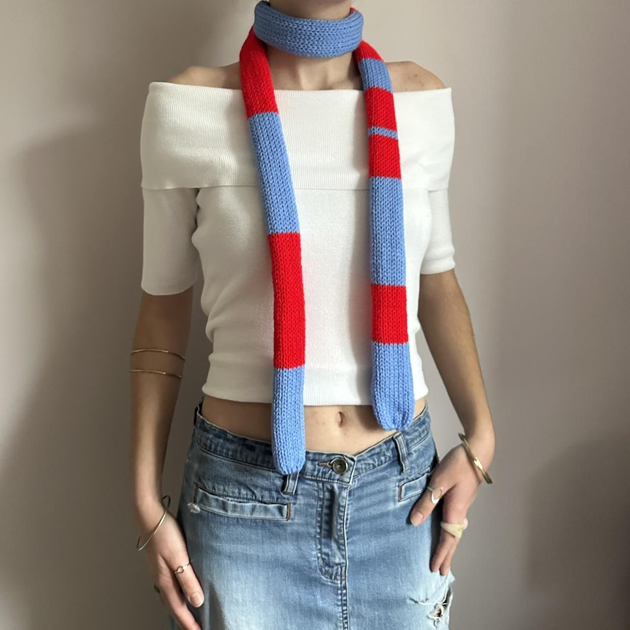 Red and blue striped skinny scarf Knitted... - Depop