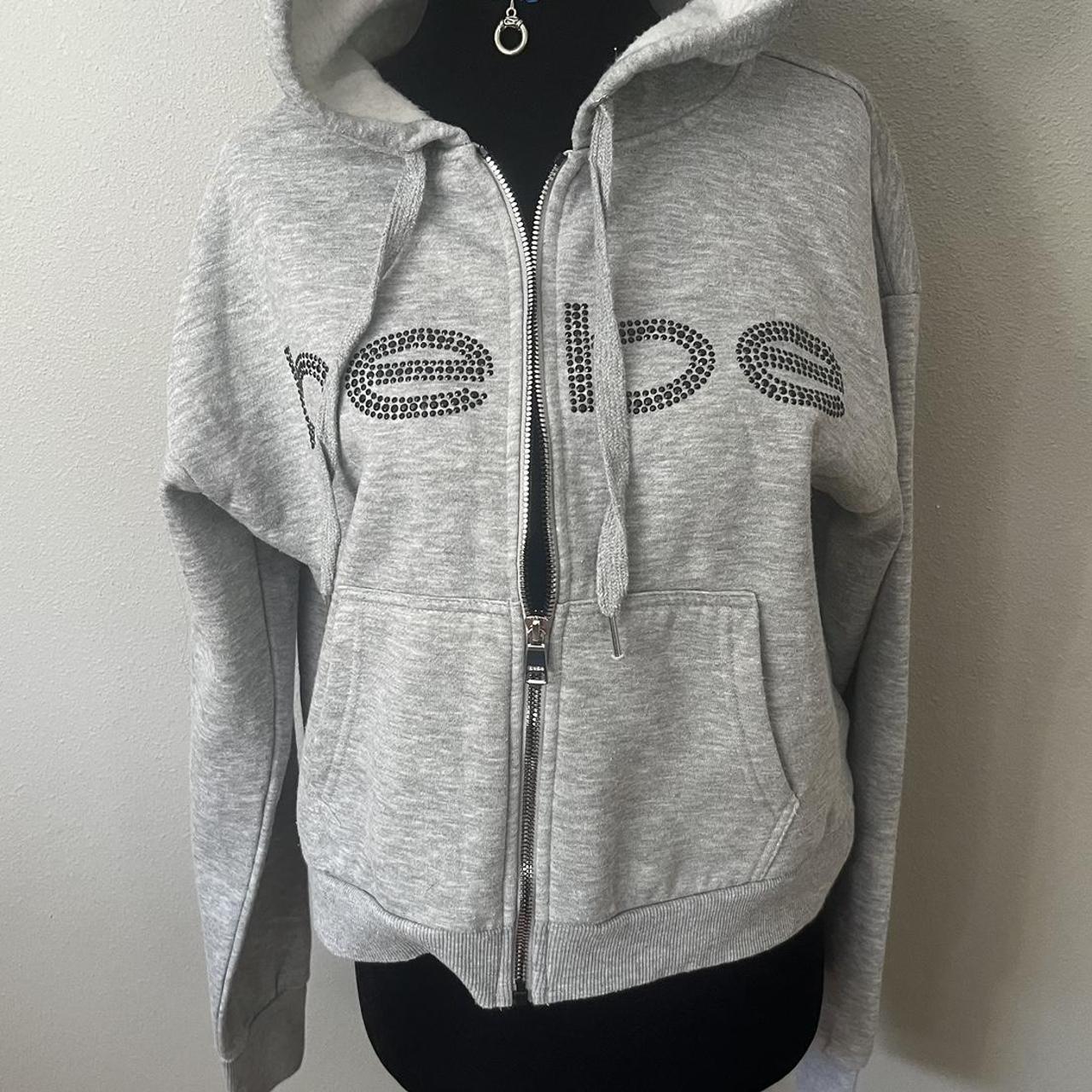 Gemmed Bebe zip-up fleece lined hoodie W/ thumb... - Depop