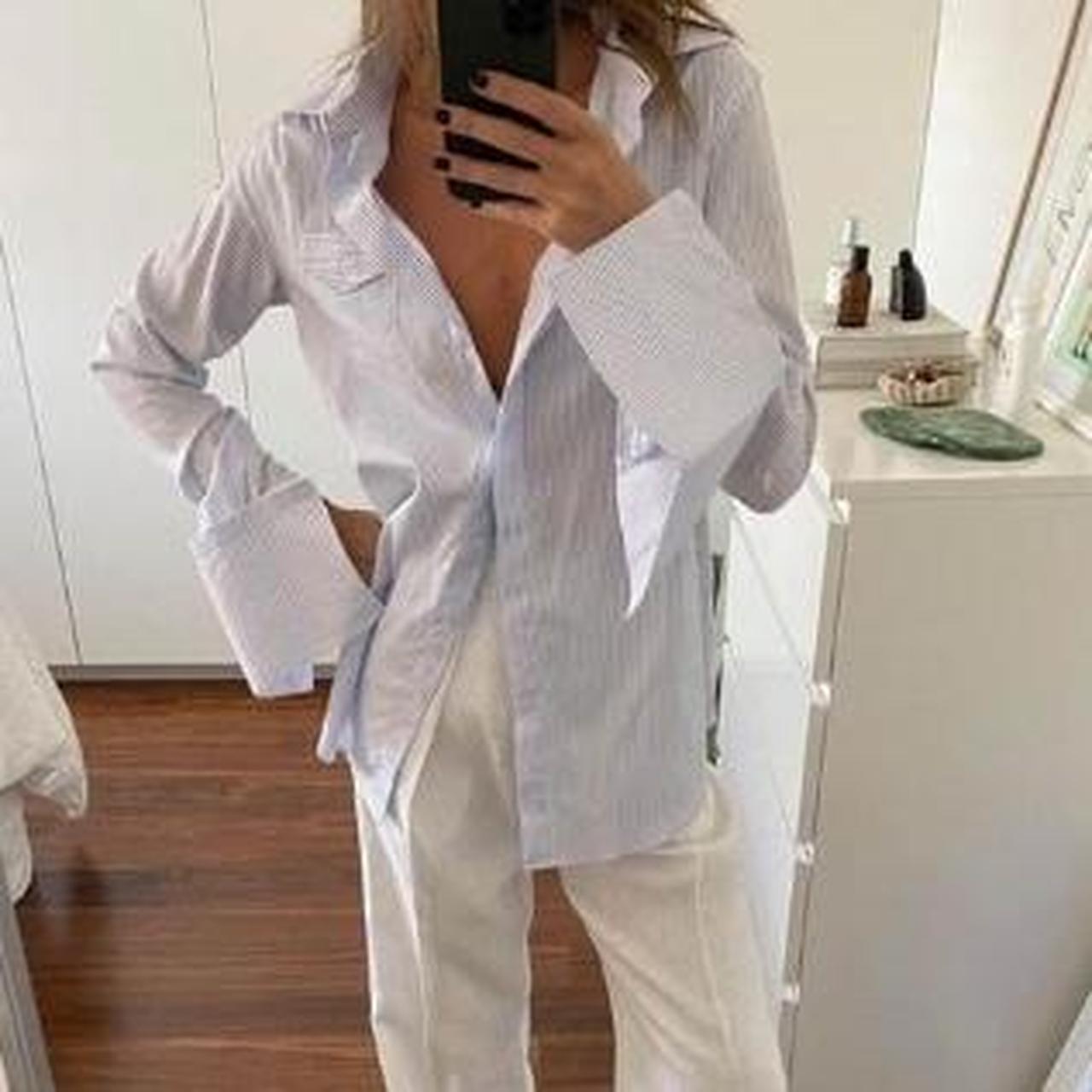 Anna Quan Accent Shirt Blue/White stripe Size AU 4... - Depop