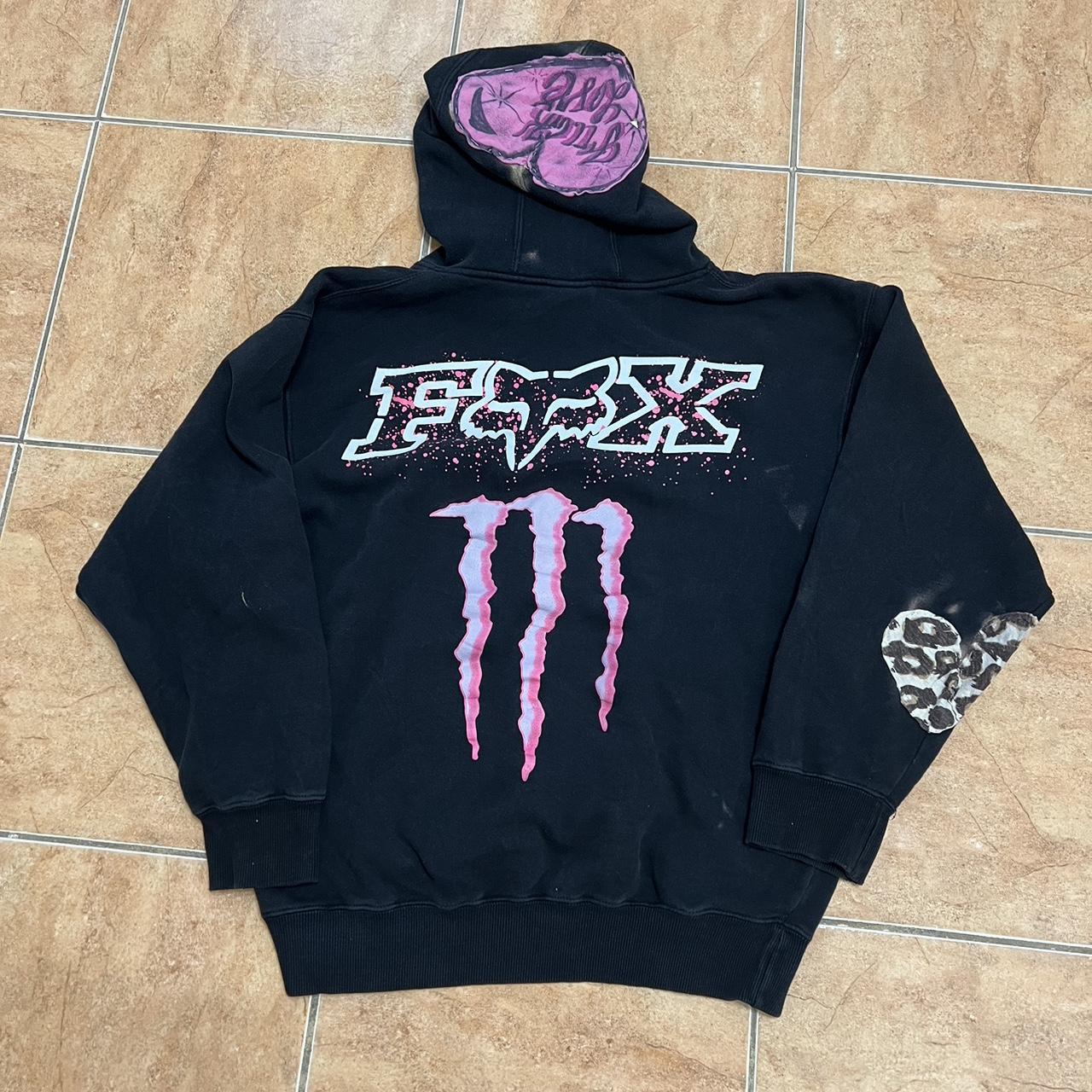 Y2K pink fox racing monster hoodie Conditon 5/10... - Depop