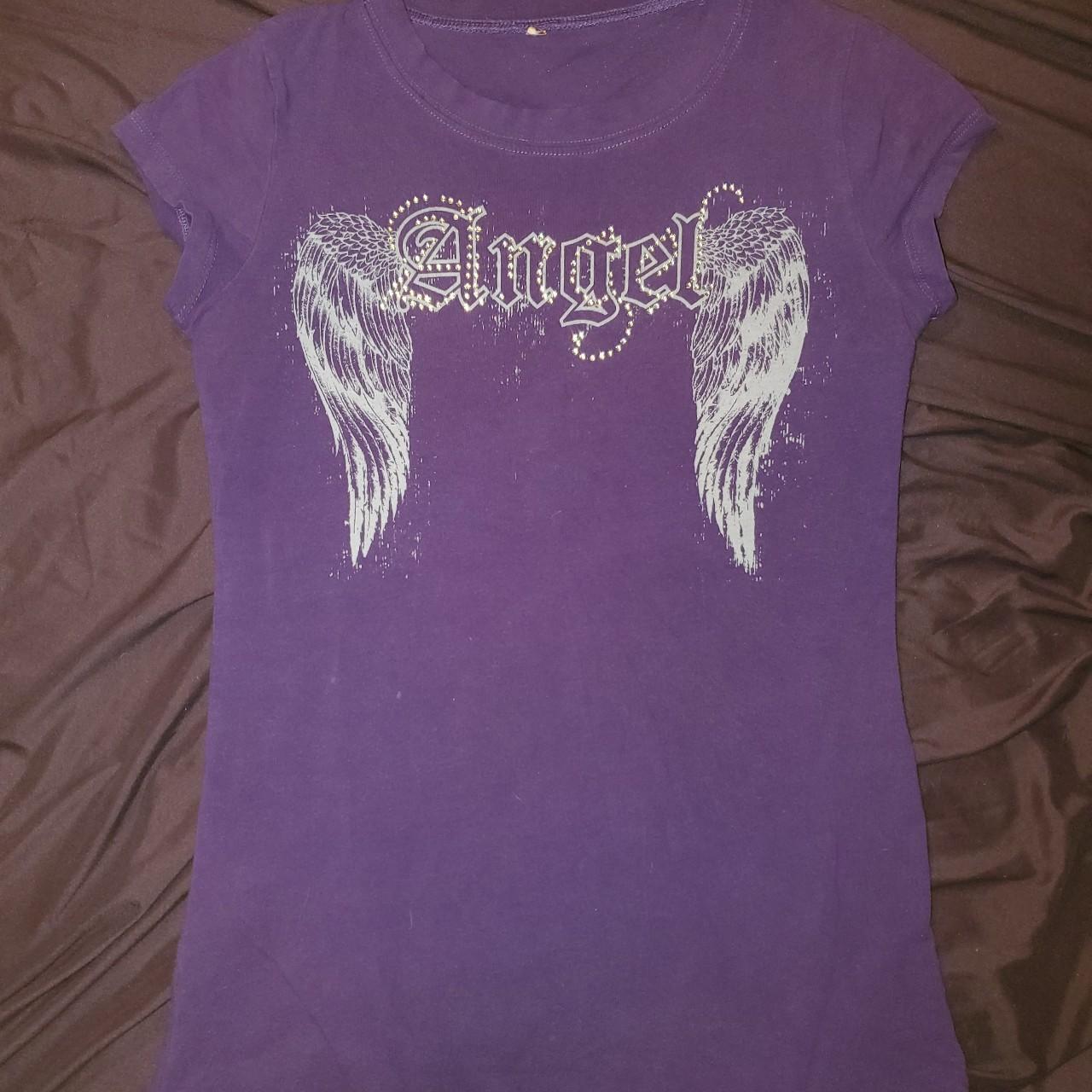2000s purple angel bedazzled angel wings shirt Tag... - Depop