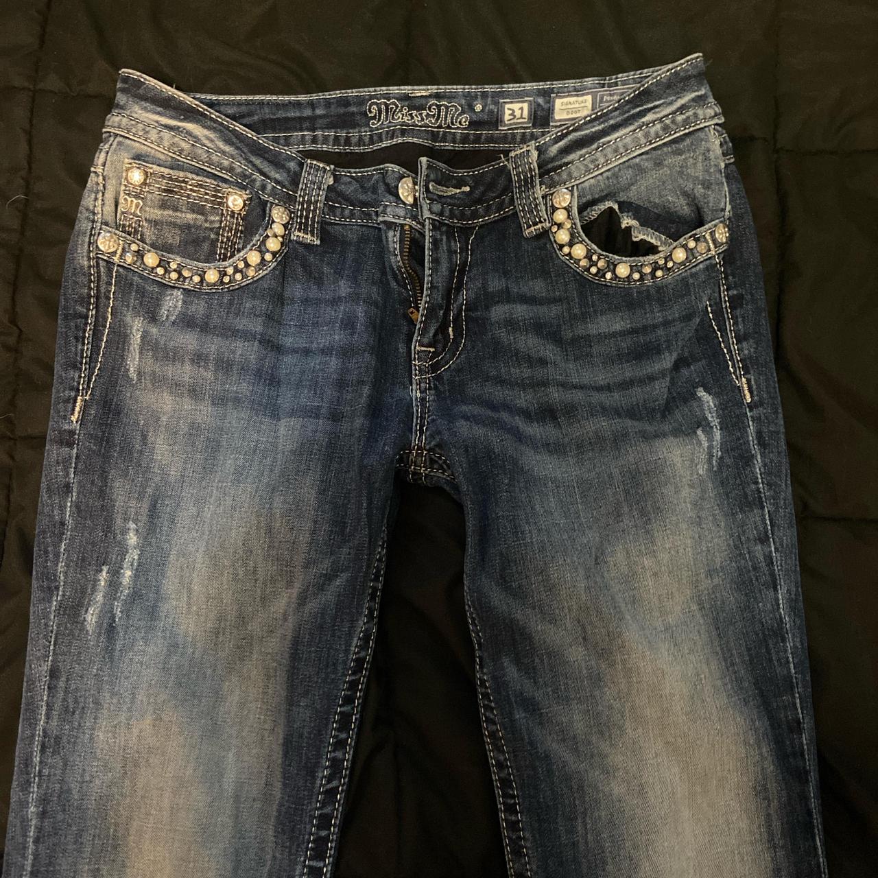 Miss Me Low Rise Bootcut Rhinestone/Pearl Jeans 31 - Depop