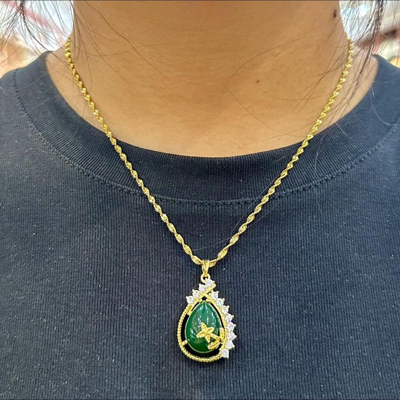 Gold Chain with Green Jade Pendant Necklace -14k... - Depop