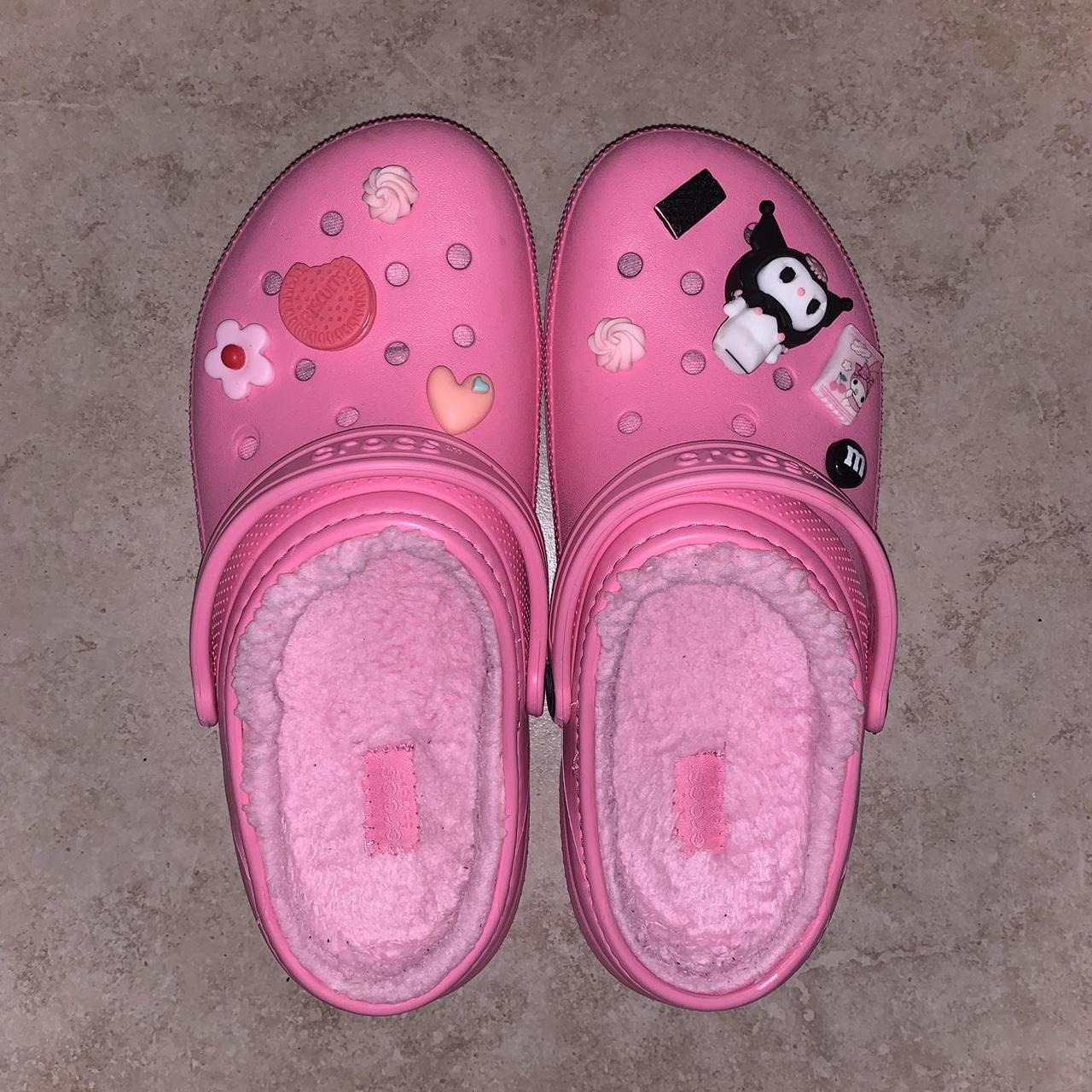 pink lined crocs size 5 in youth & fits sizes 6-6.5... - Depop