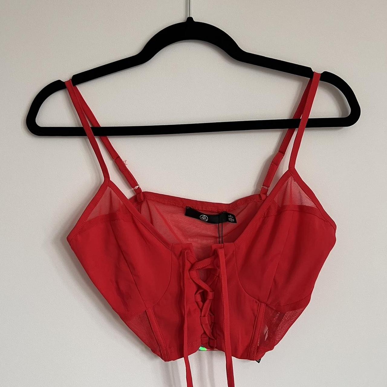 missguided red mesh corset style cropped bralet top... - Depop