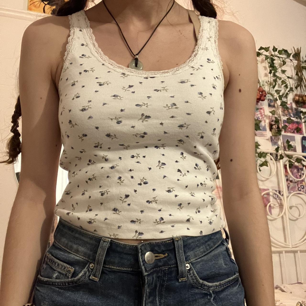 Brandy melville lacy connor tank with blue floral... - Depop