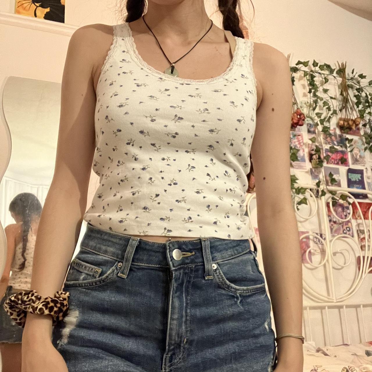 Brandy melville lacy connor tank with blue floral... - Depop