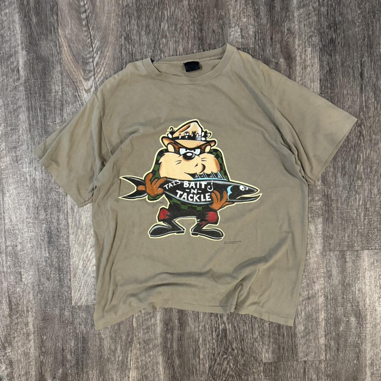 1996 XL Khaki green Taz's Bait & Tackle graphic tee... | Depop