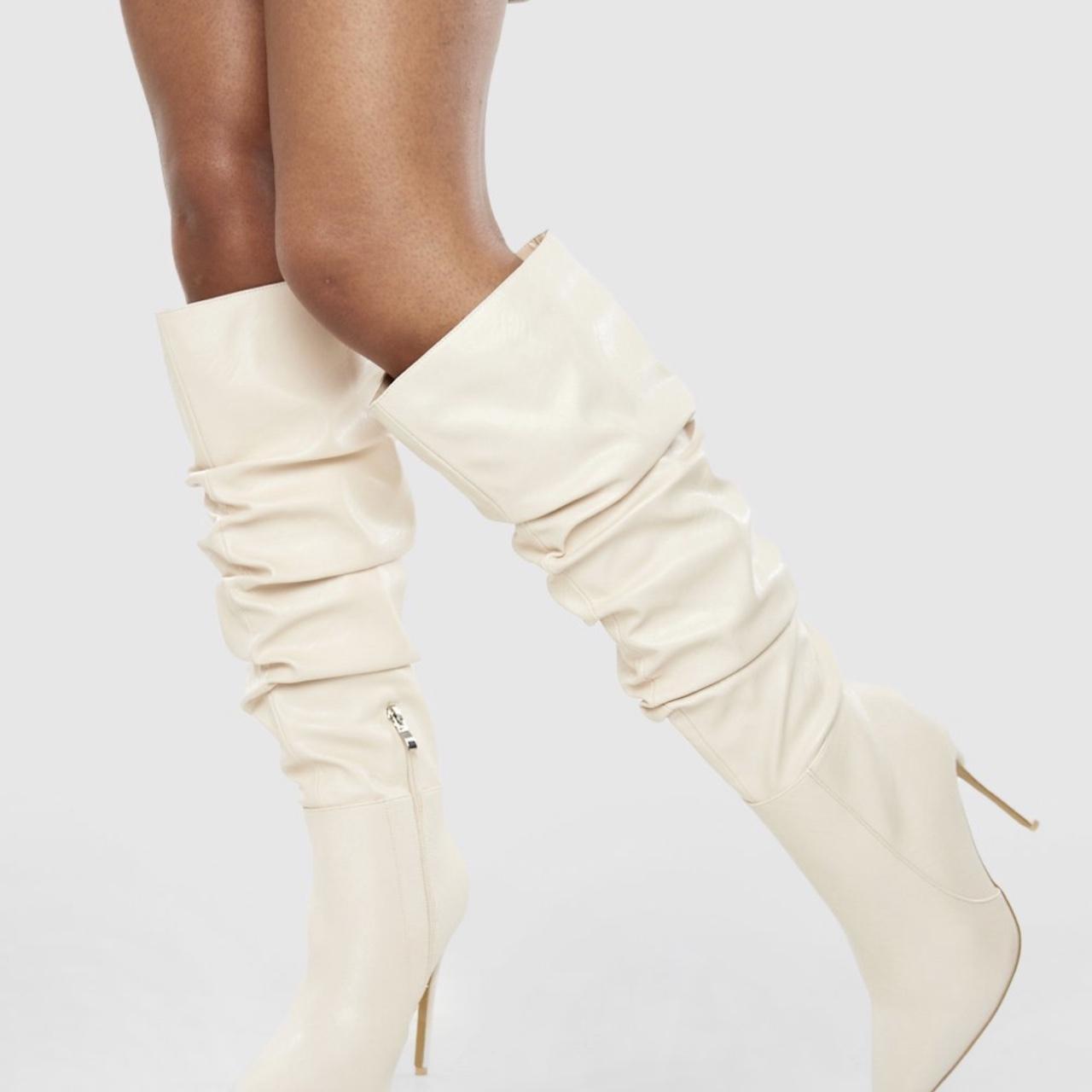 Boohoo cream slouch knee high boots Perfect for... | Depop