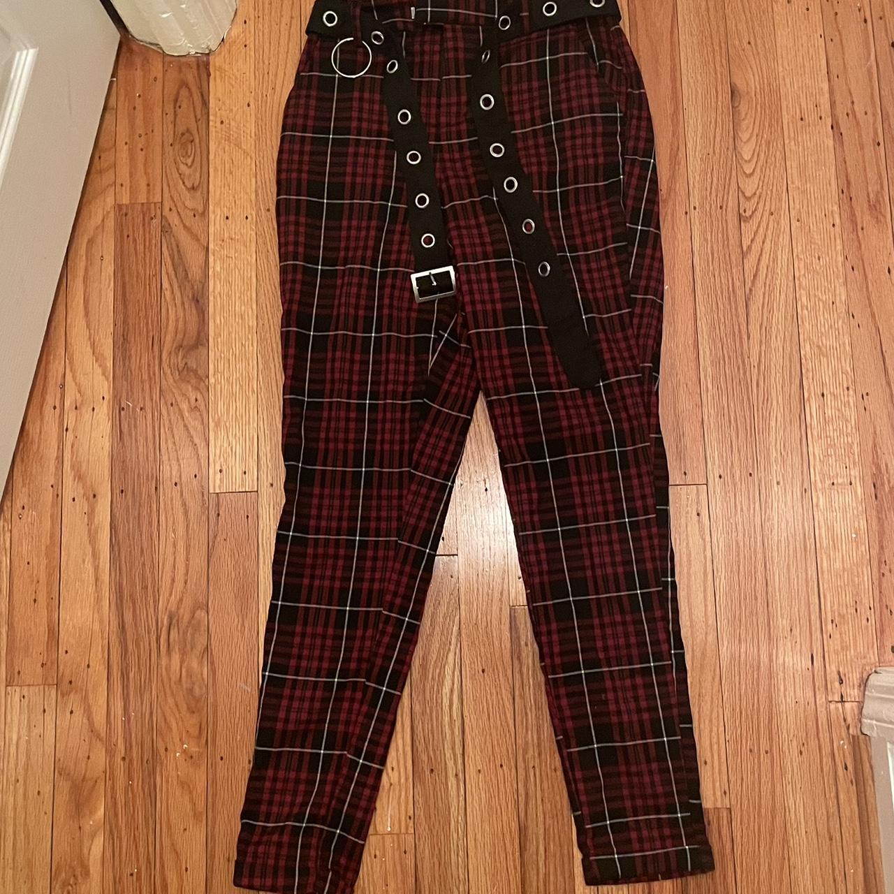 hot topic red & black plaid pants w/ belt cute af... - Depop