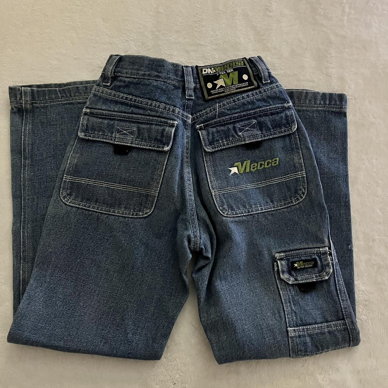 Mecca denim jeans embroidered logo and Velcro... - Depop