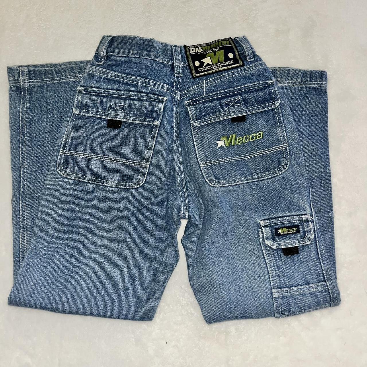 Mecca denim jeans embroidered logo and Velcro... - Depop