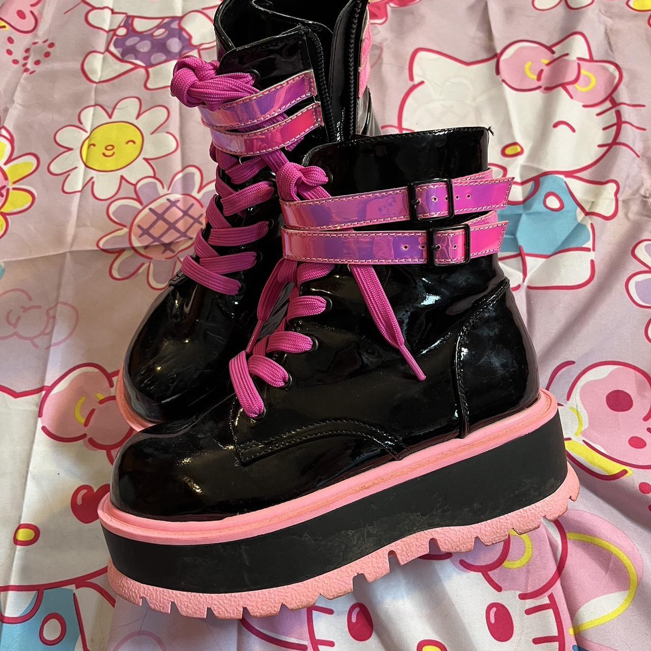 Demonia Women's Black and Pink Boots | Depop