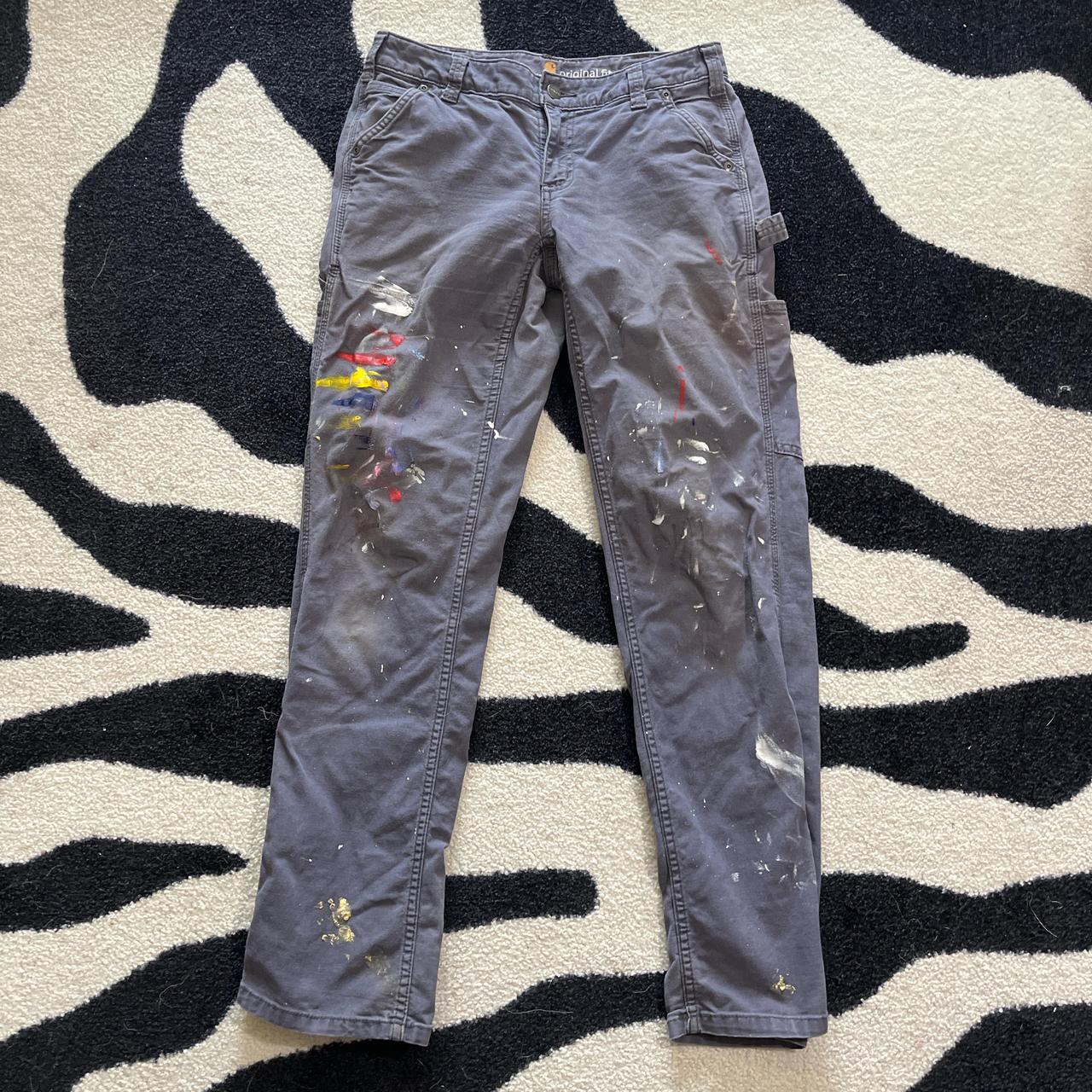 Grey distressed Carhartt paint splatter pants... | Depop
