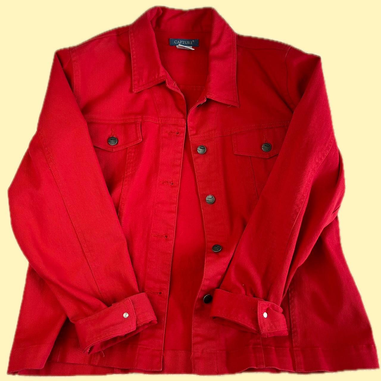 Red denim jacket size XXL However I’ve worn it as... - Depop
