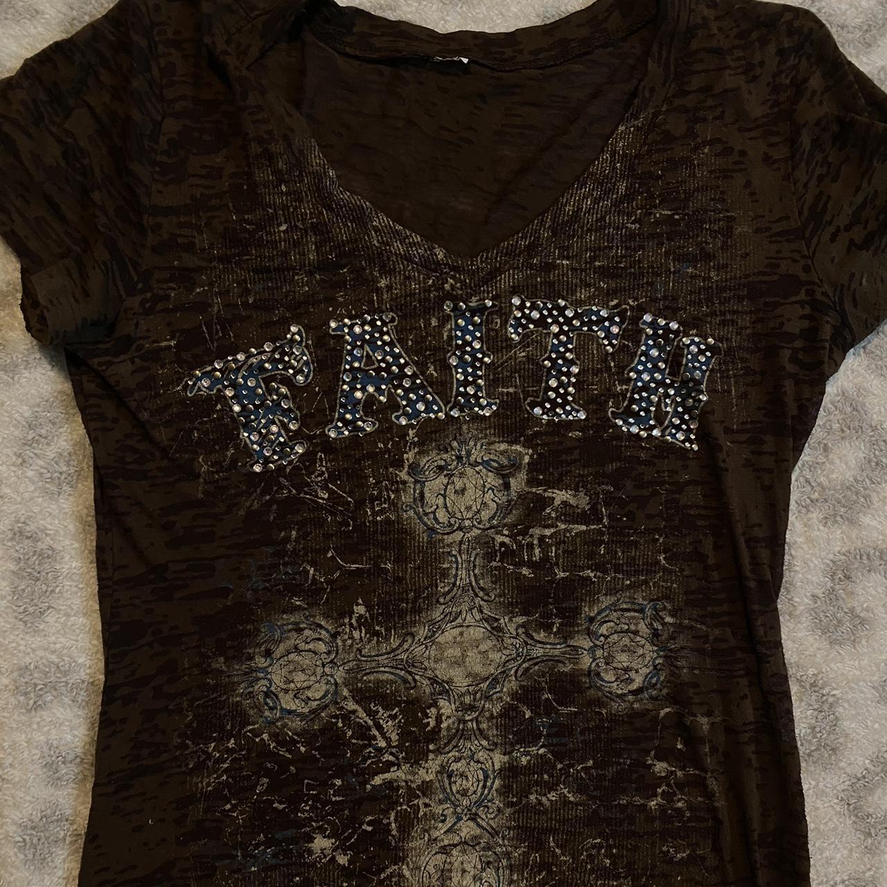 faith rhinestone shirt y2k size medium - Depop