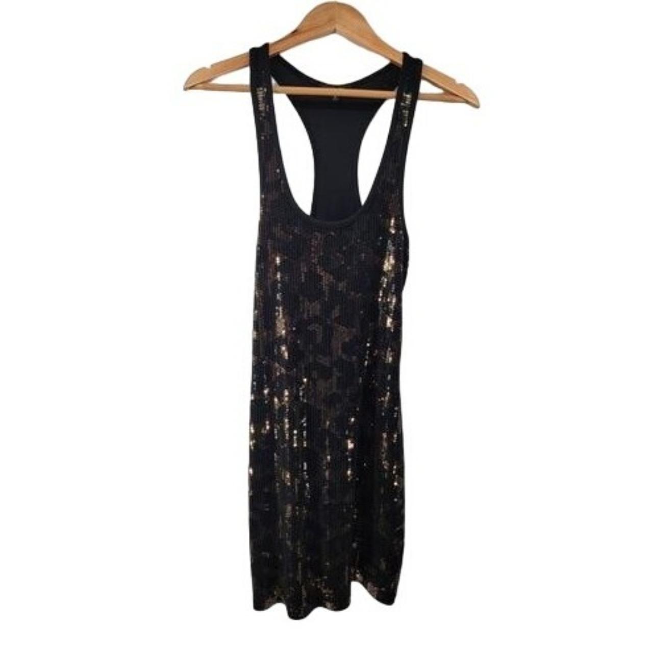 Express Women's Black & Gold Sequin Racerback Tank... - Depop