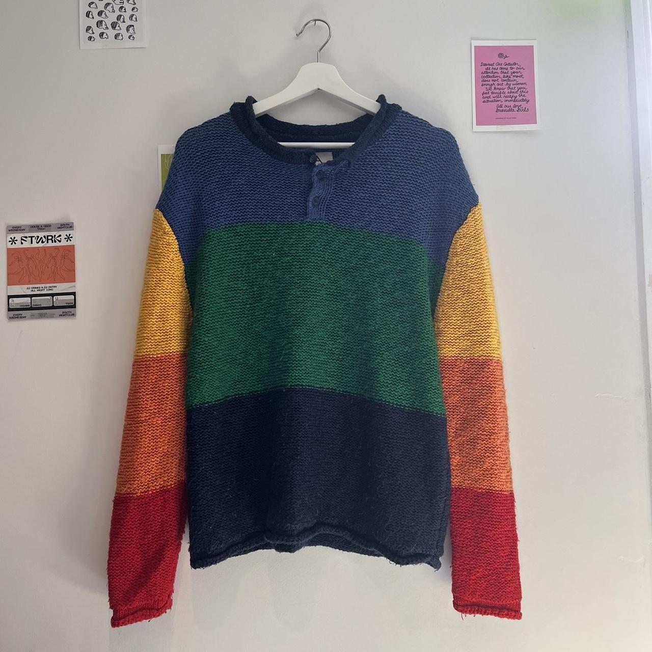unif multi-coloured knitted jumper size s, but fits... - Depop
