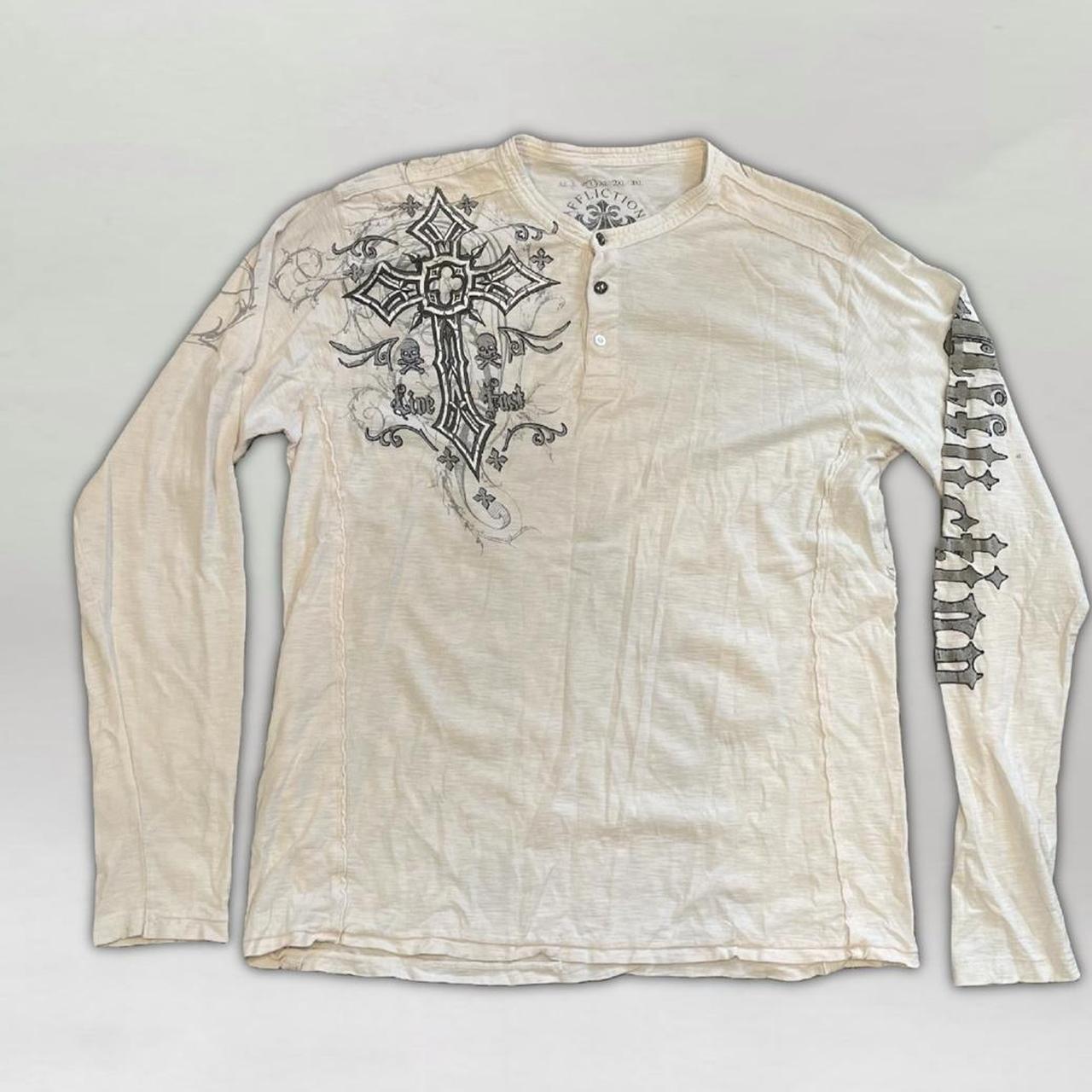 rare affliction henley distressed long sleeve size... - Depop