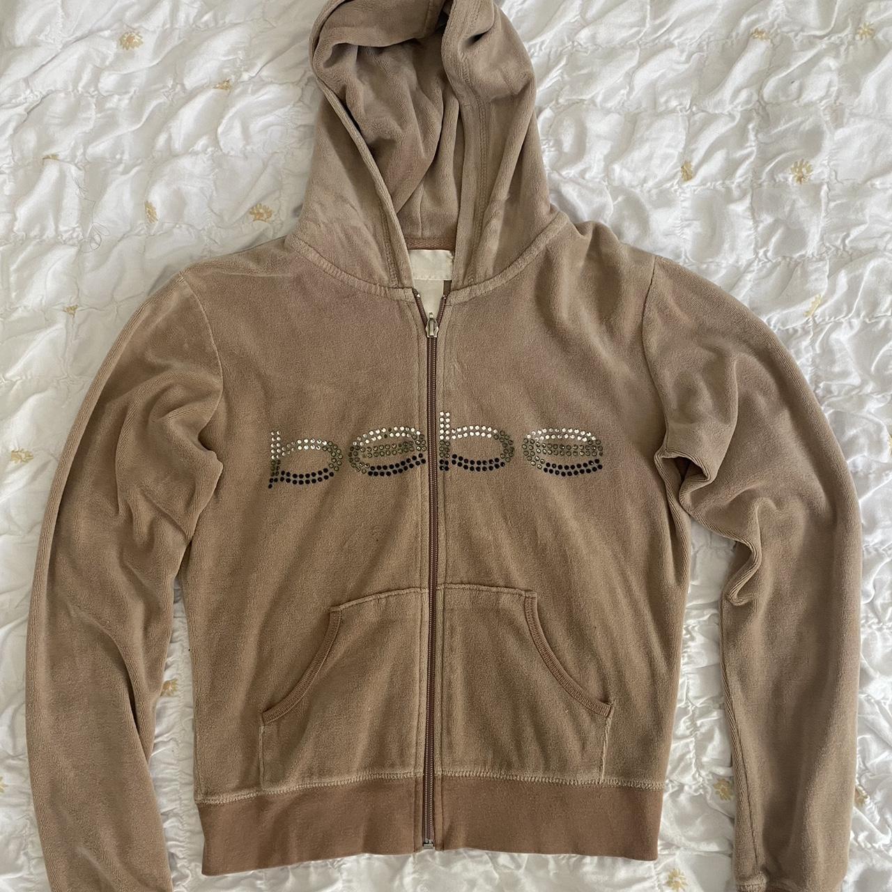 Very 2000s Bebe velour cropped hooded embroidered... - Depop