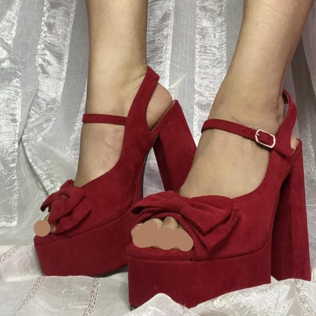 Red velvety open toe platform heel with bow. Brand:... - Depop