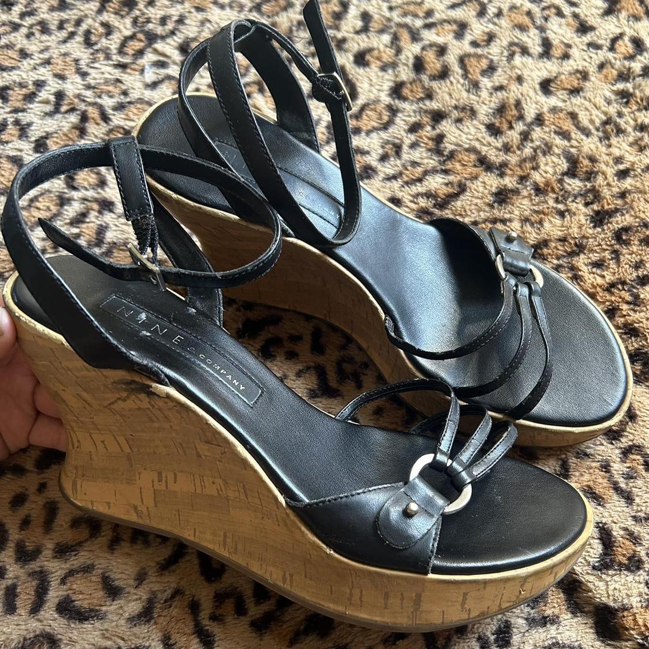 Y2K Black wedges with cork sole and silver hardware... | Depop
