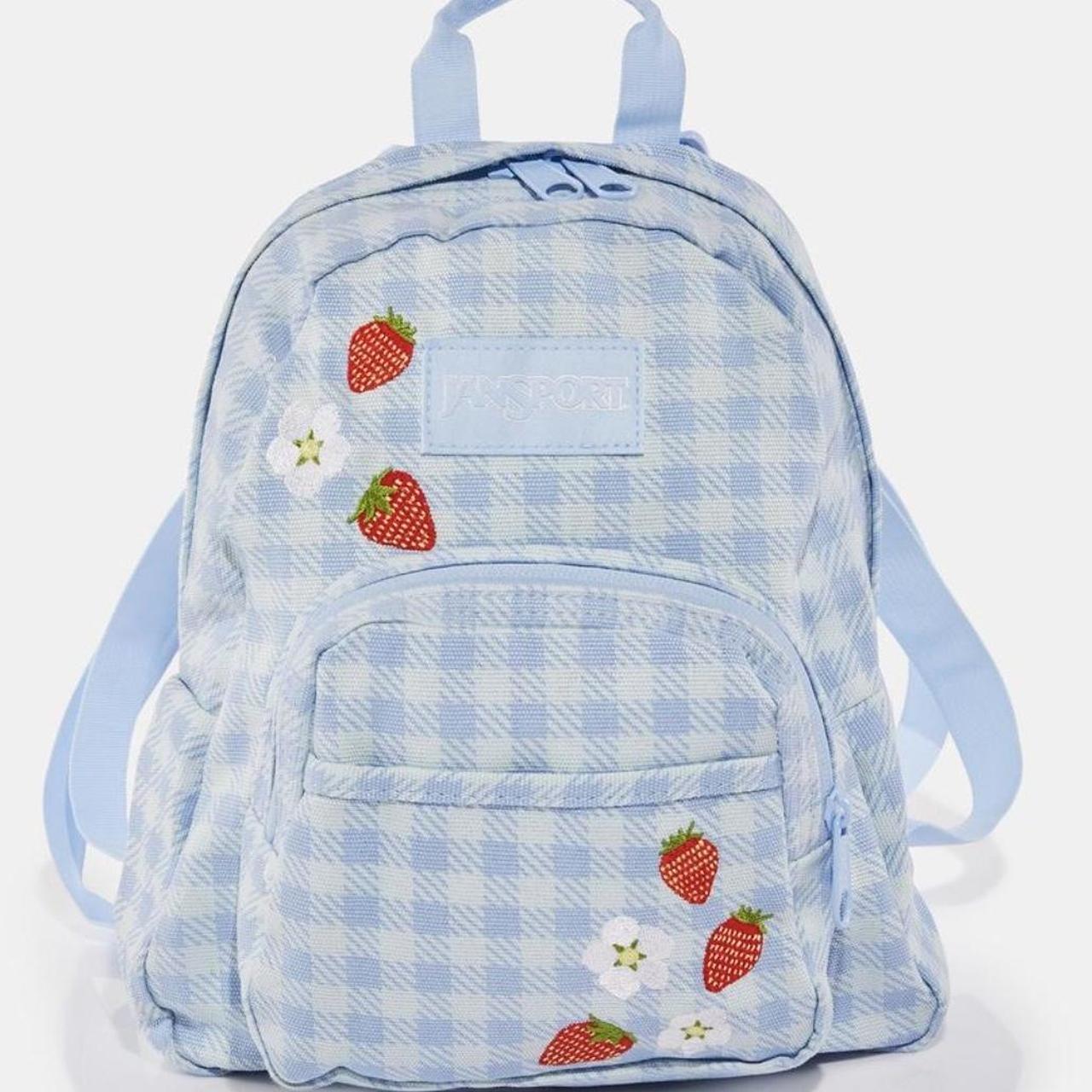 jansport strawberry mini backpack used a handful of... - Depop