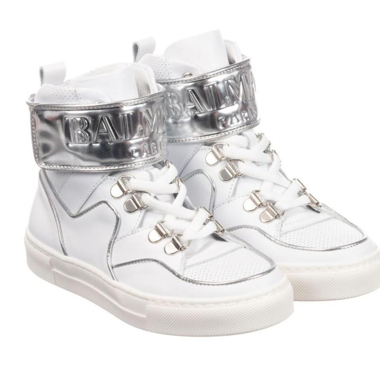 Balmain white leather hightop sneakers with silver... - Depop