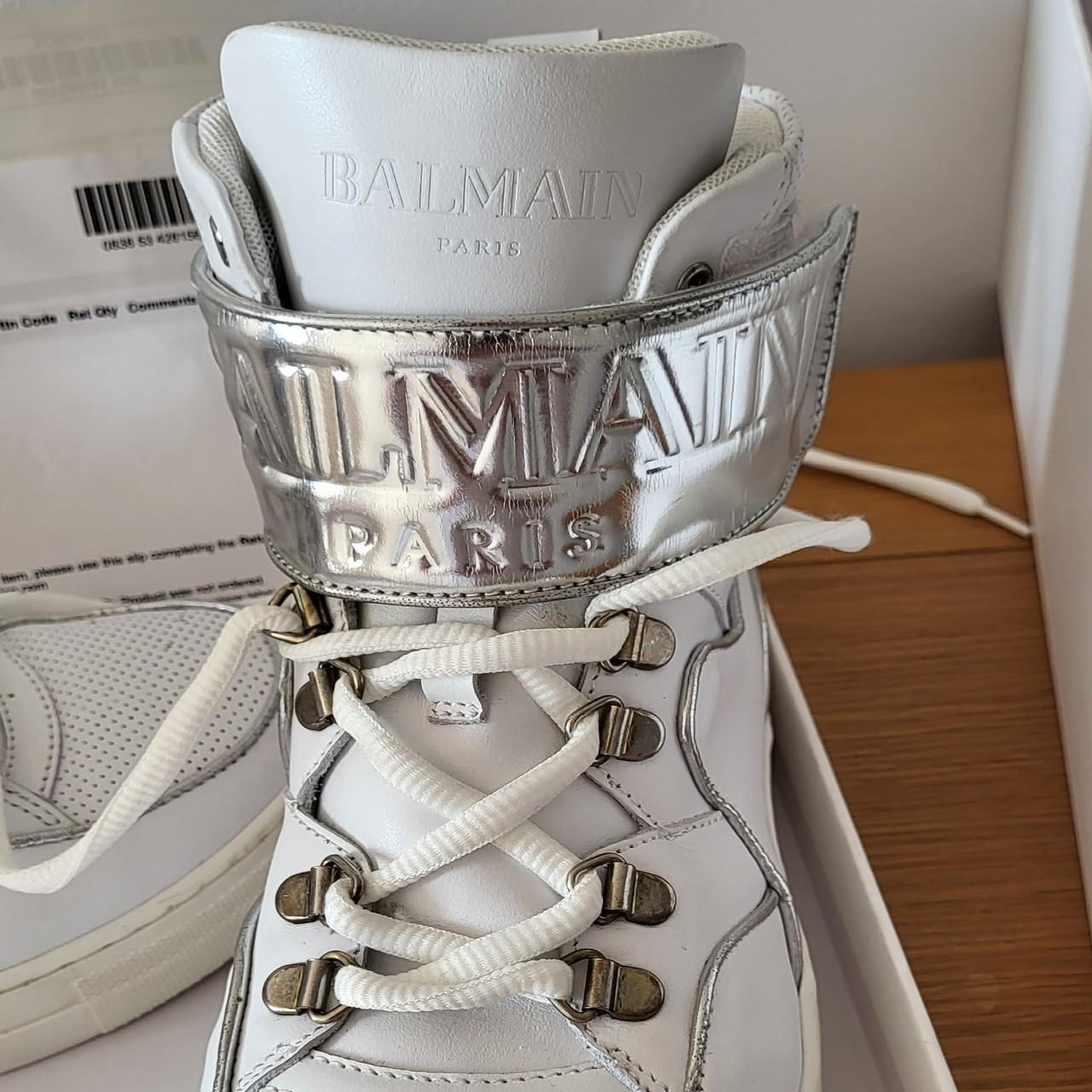 Balmain white leather hightop sneakers with silver... - Depop