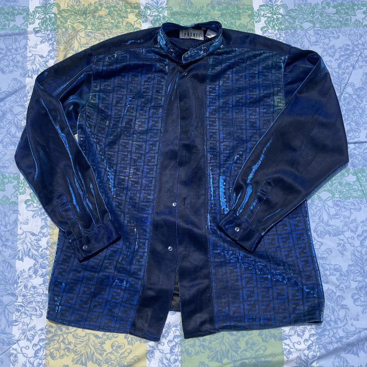 fancy, shiny blue vintage long sleeve button up with... - Depop