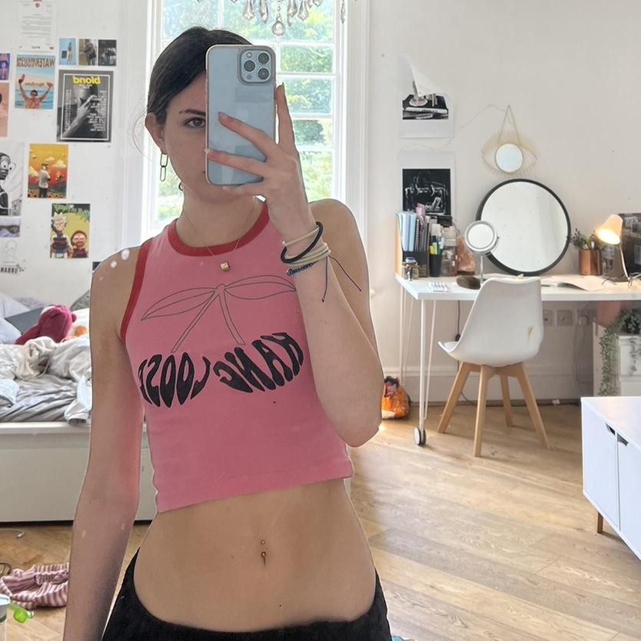 super cute pink cherry ‘hang loose’ crop top from... - Depop
