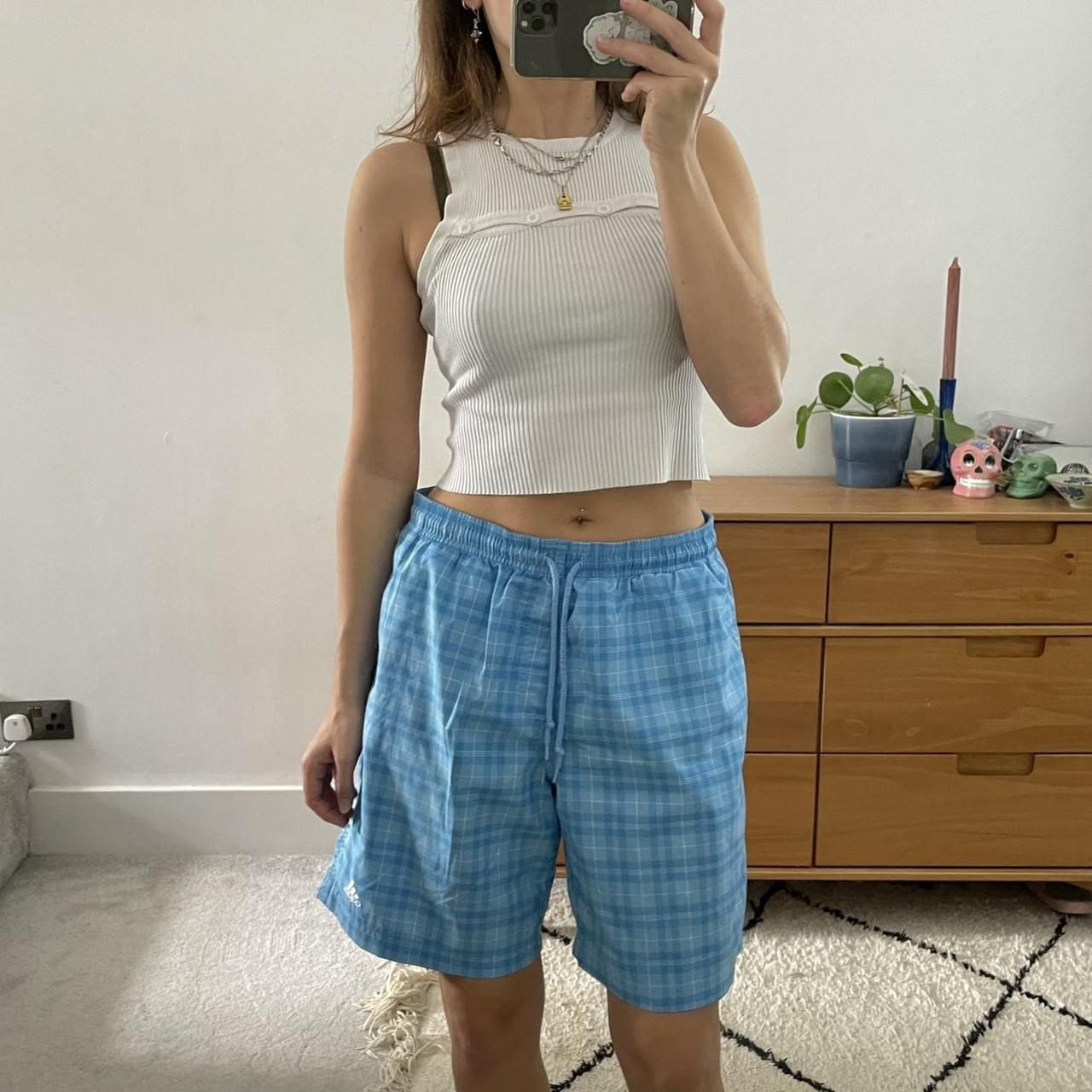 Adidas vintage blue check shorts Size M Shown on a... - Depop