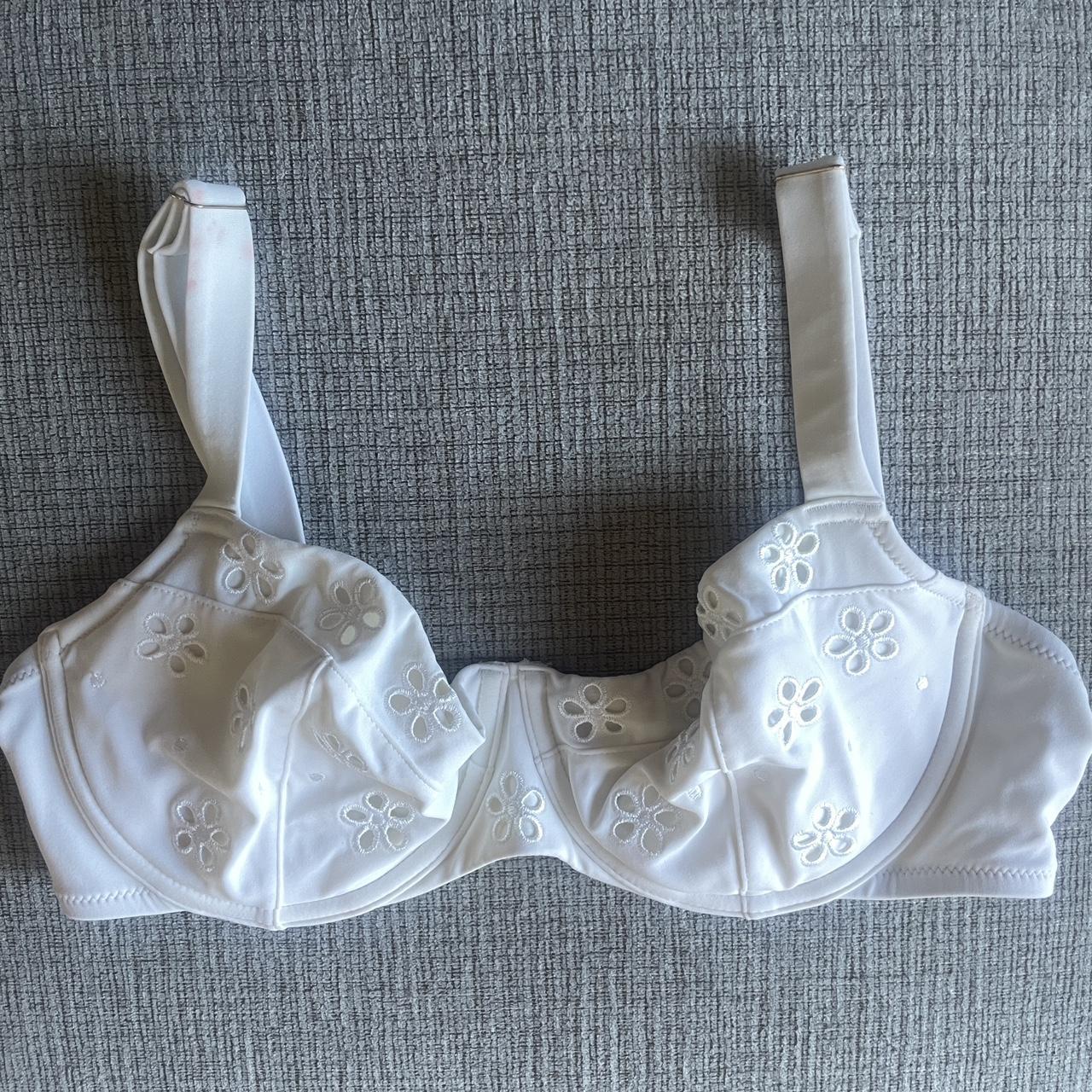 Textured Cup bikini top - white + floral stitching -... - Depop