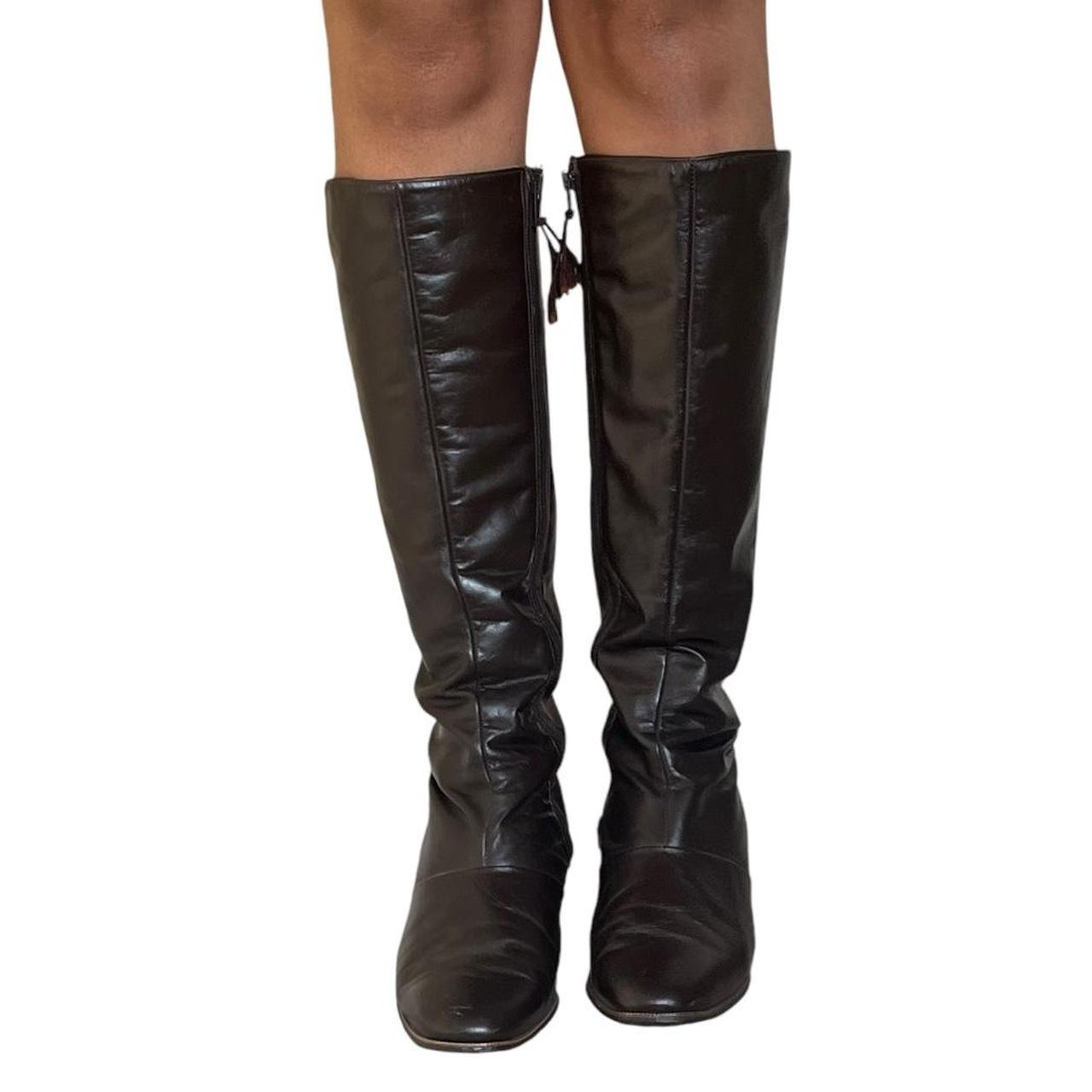 1979s vintage dark brown leather knee-high boots... - Depop