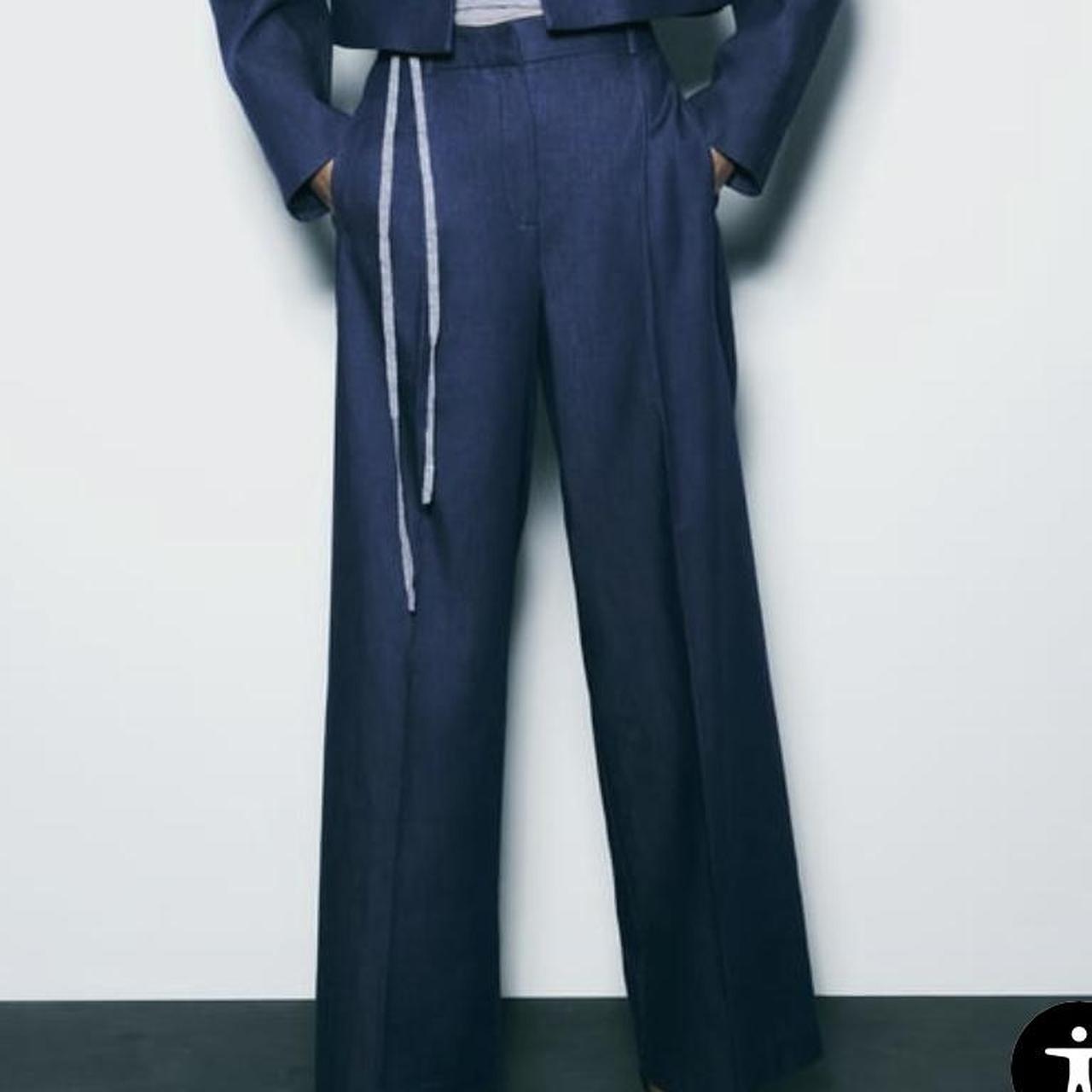 Zara Wide Leg Navy Pants with Darts • Only worn once... - Depop