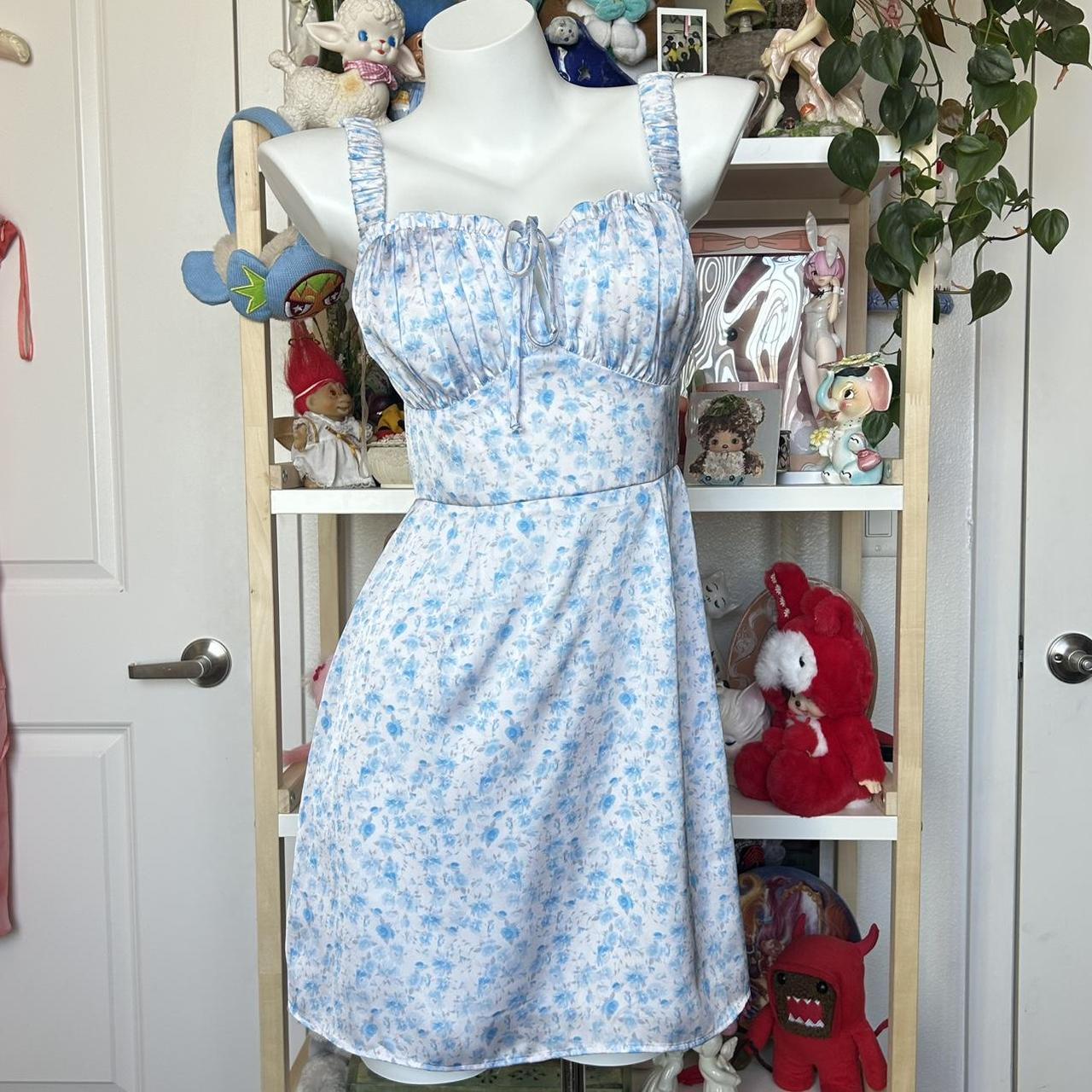 White milkmaid satin sundress with blue floral... | Depop