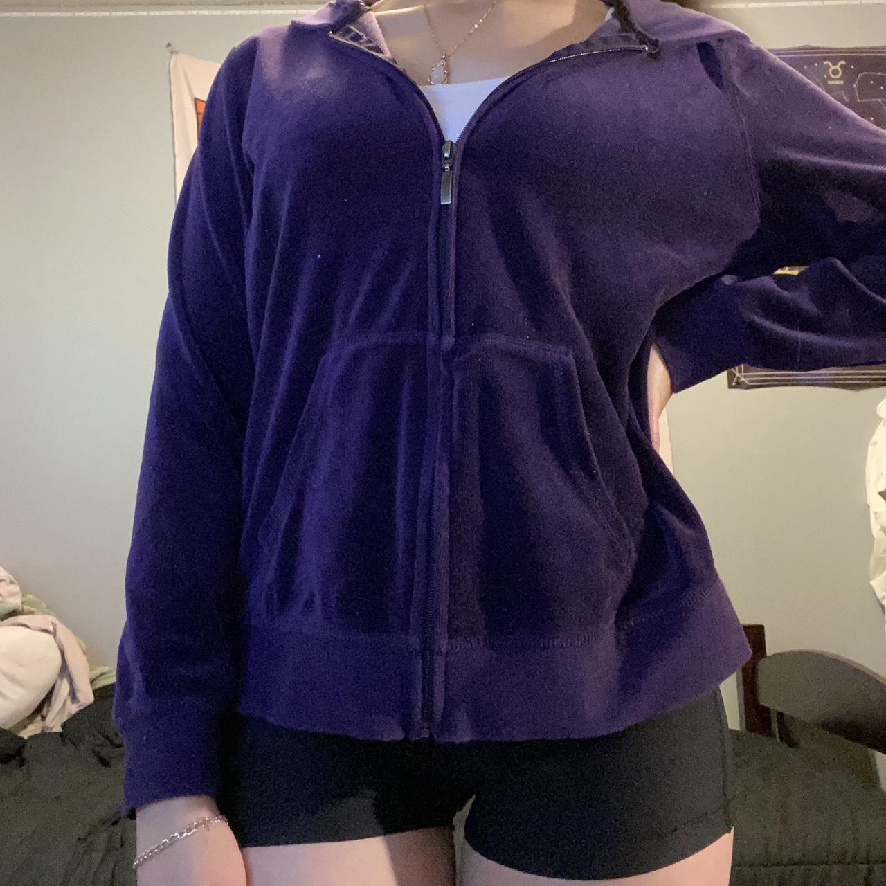 dark purple velour zip up jacket size large... - Depop