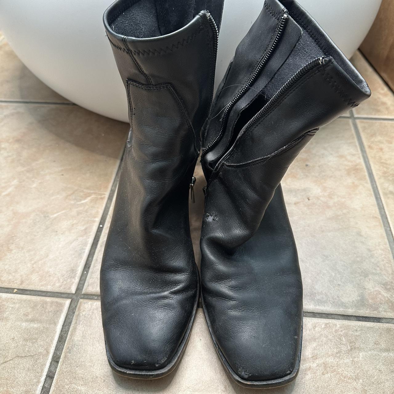 Square toe black boot. Slanted heel. Medal embellish... - Depop