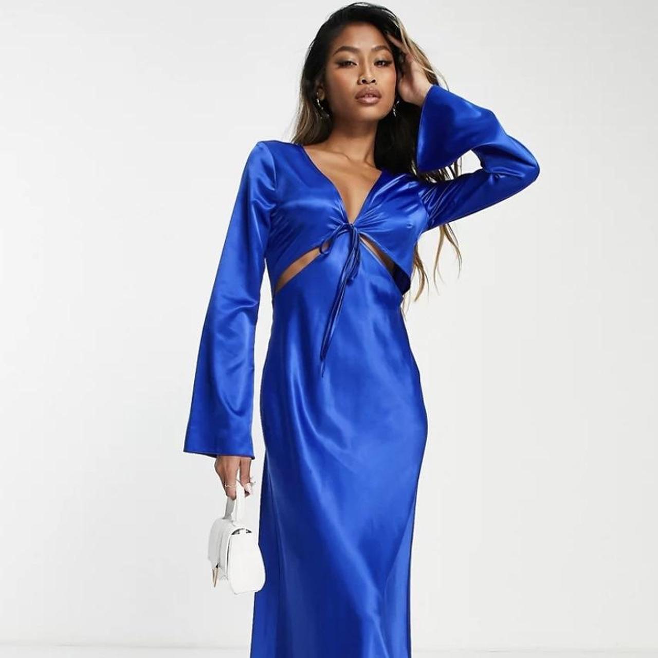 ASOS SATIN ELECTRIC BLUE TIR FRONT MIDI great... - Depop