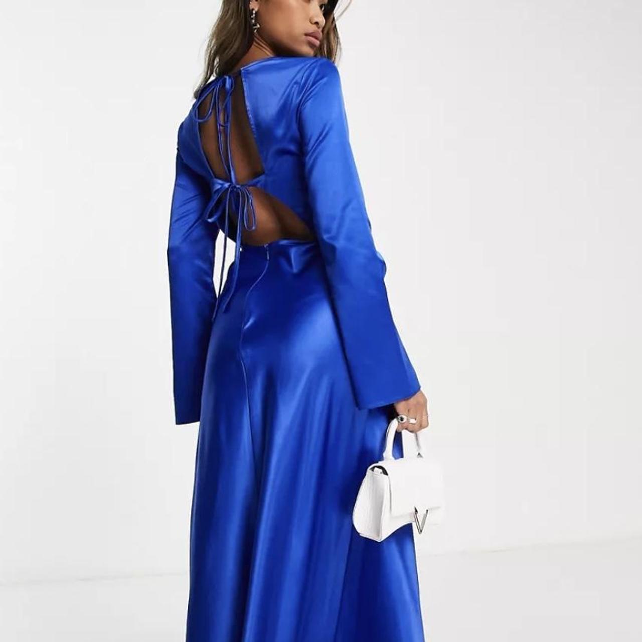 ASOS SATIN ELECTRIC BLUE TIR FRONT MIDI great... - Depop
