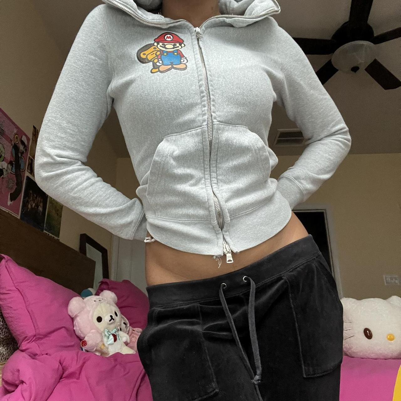 bape hoodie full zip 🌟⭐️🌟🌟⭐️ bape x mario grey hoodie... - Depop